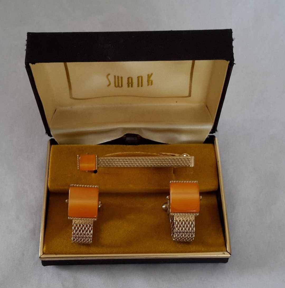 Vintage Swank Cufflinks and Tie Clip Set Gold Basket Weave and Orange ...