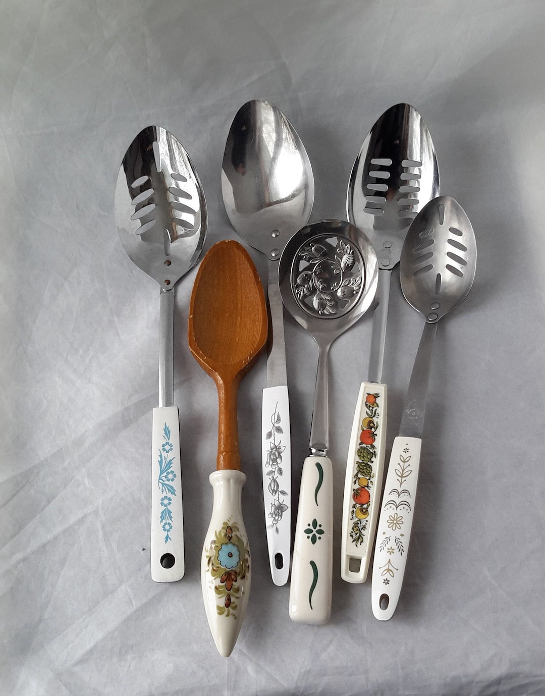 Assorted Serving Spoons Vintage Stainless Slotted, Pierced, Wooden ...
