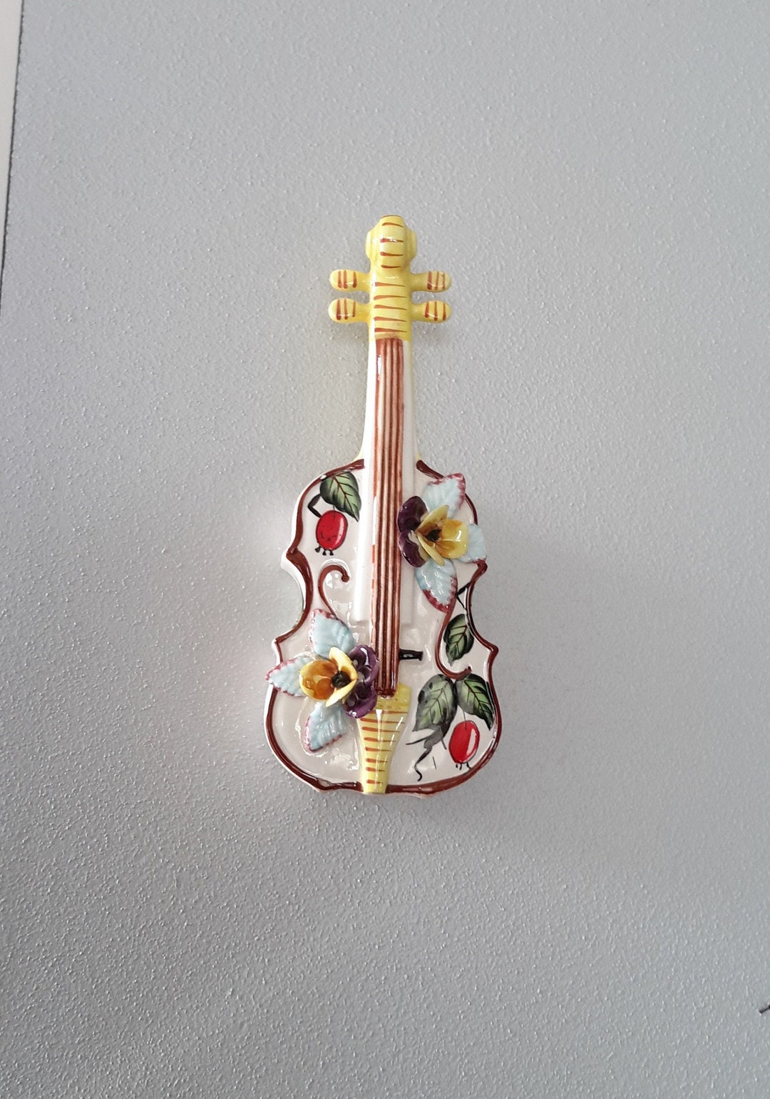 Kitschy Hand Painted Violin Wall Pocket Vintage Ceramic Flowery Wall ...