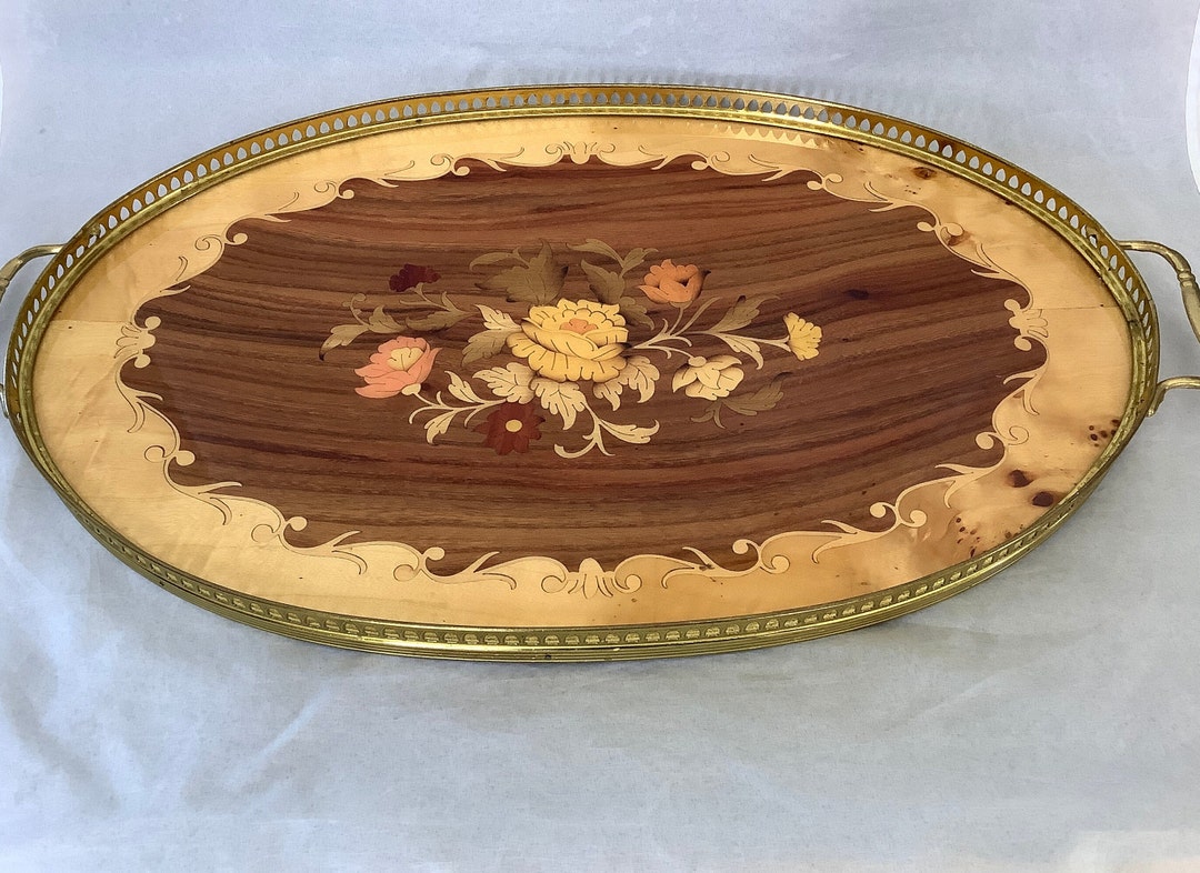 ITALIAN HANDCRAFTED MARQUETRY Inlay Wood Floral Design Lacquered ...