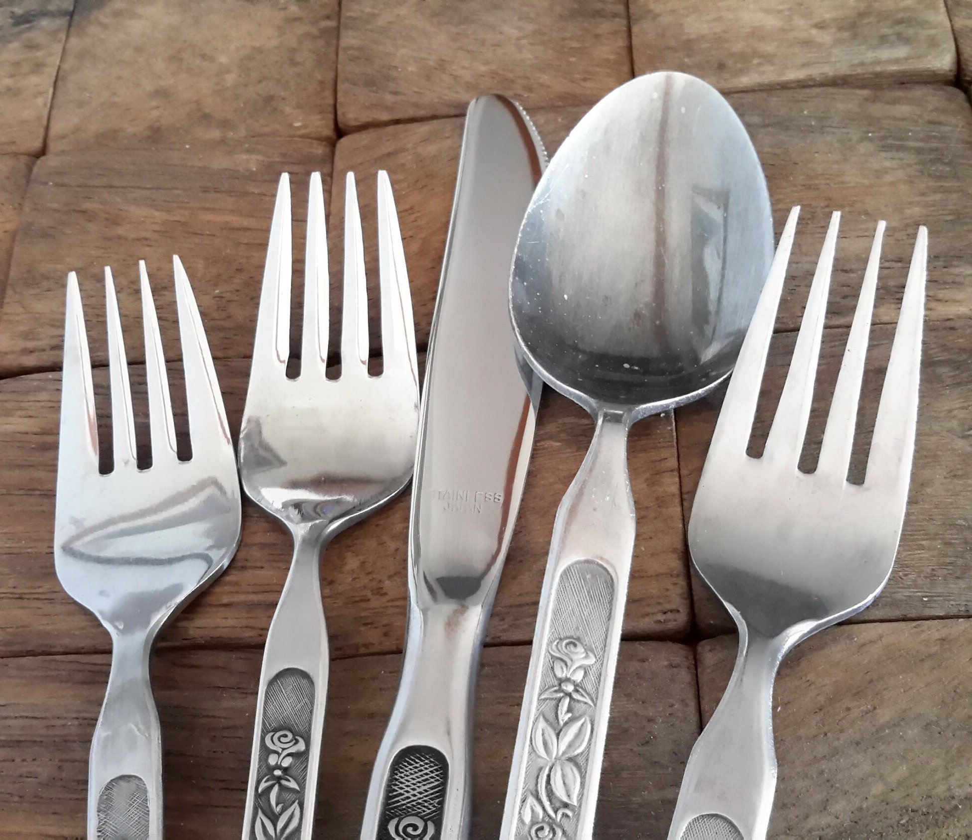 Vintage MARIA GRANDE Stainless Steel Flatware Embossed Floral and Black ...