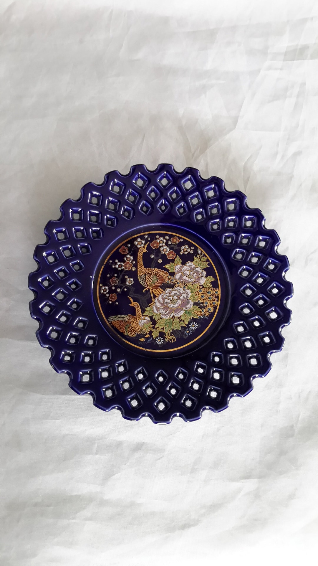 Beautiful Cobalt Blue Lattice Enameled Decorative Plate With Gold ...