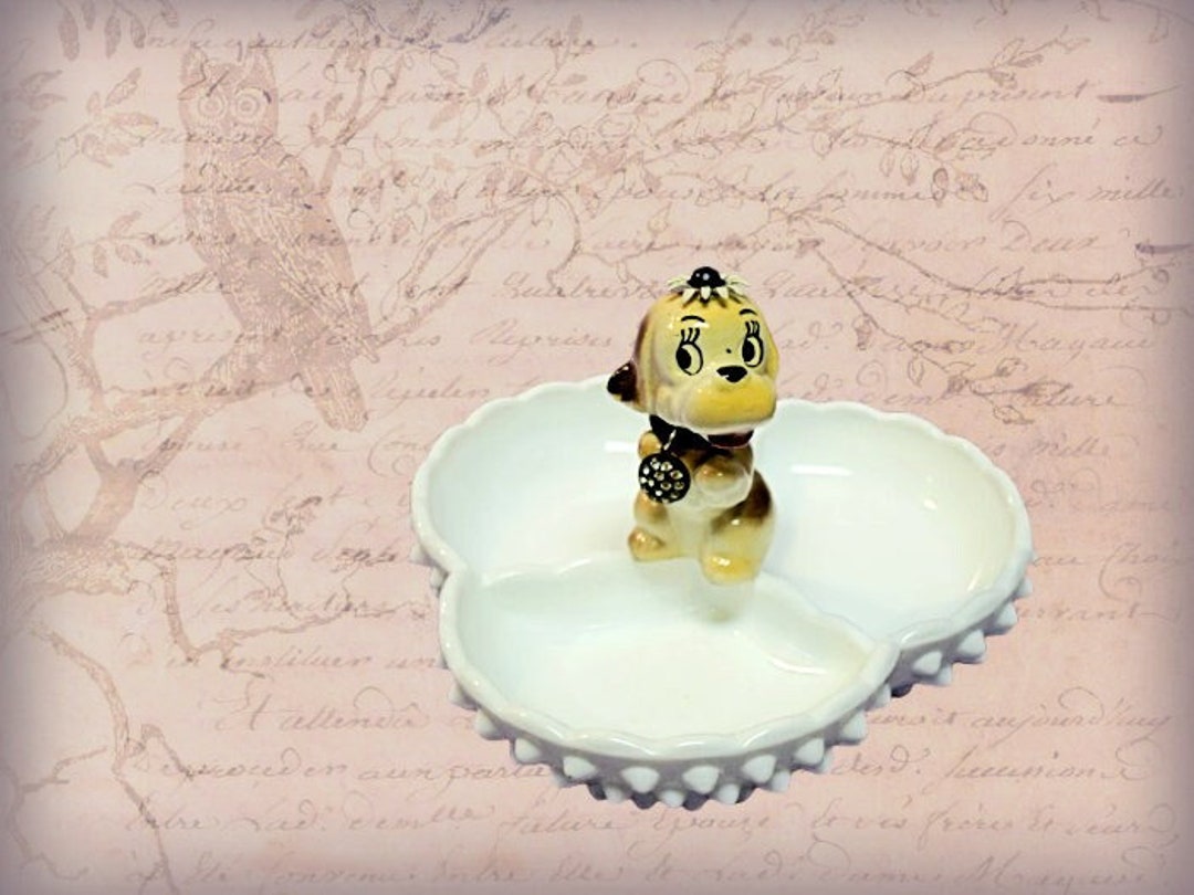 Hobnail Divided Dish Milk Glass W Vintage Dog Figurine Puppy Rhinestone ...