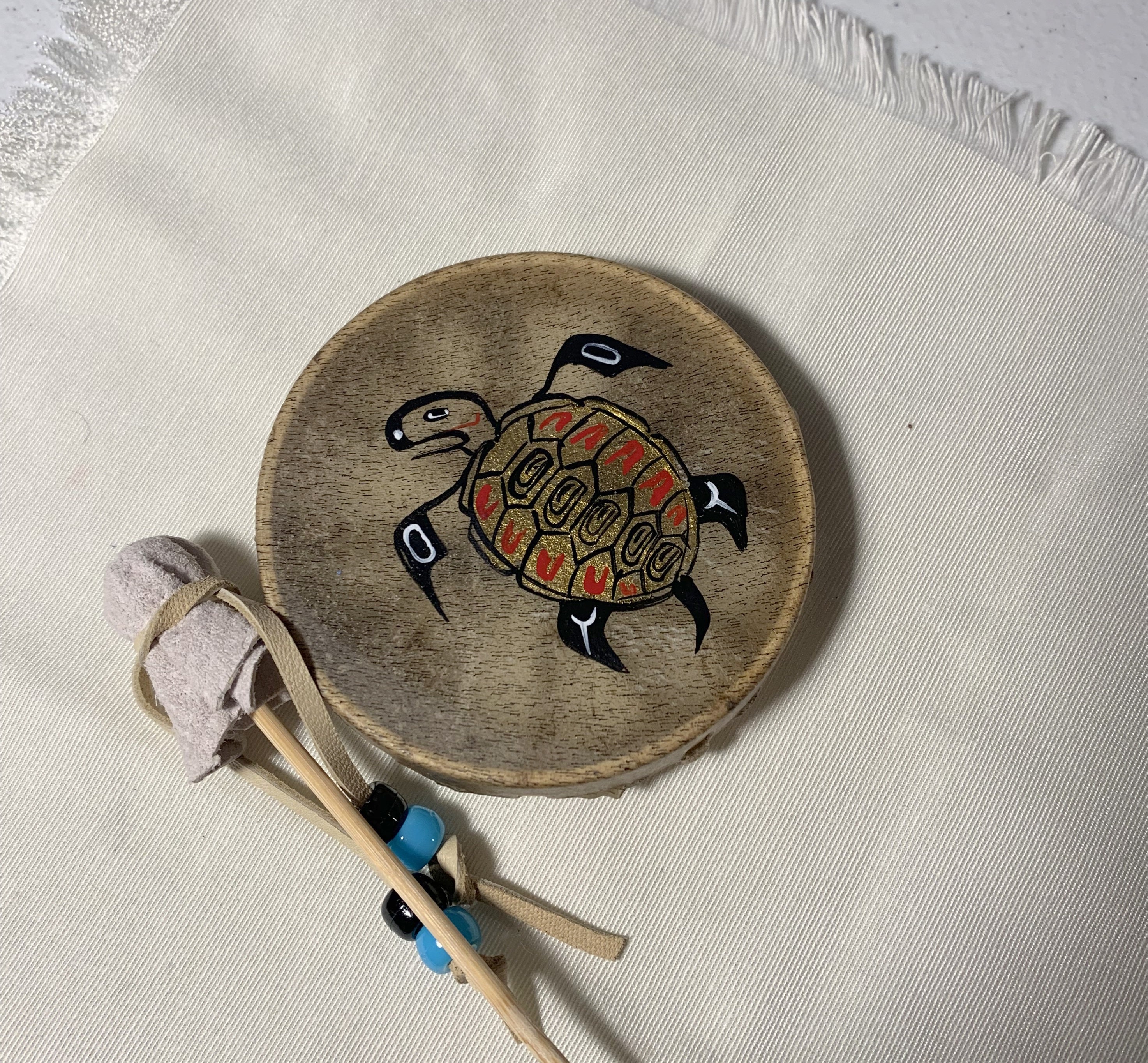 Tribal Drum, Turtle Native Miniature Drum 3"x3" Hand Painted From Goat ...