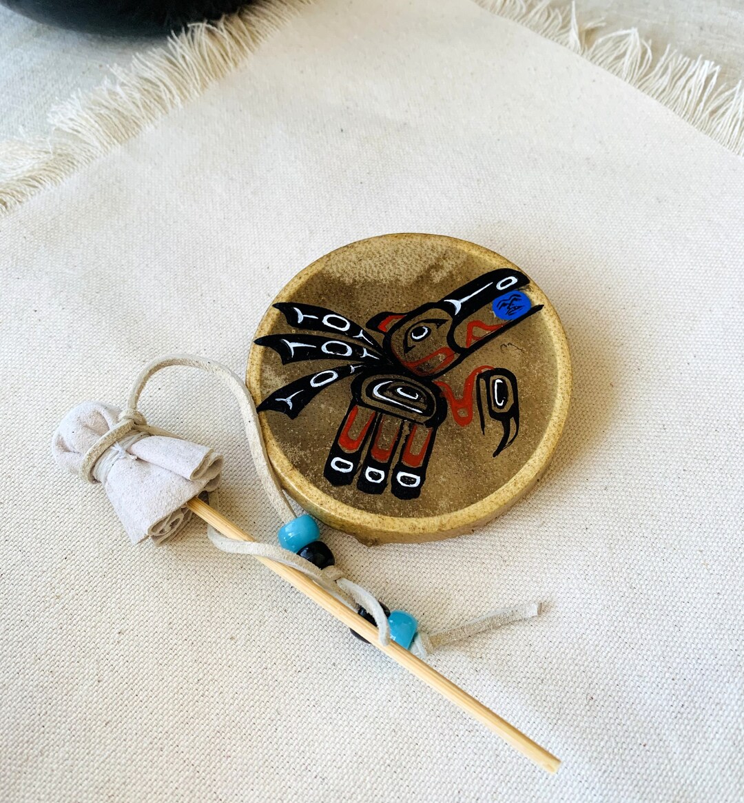 Native Raven Miniature Drum With Drumstick Hand Painted Goat Rawhide 3 ...