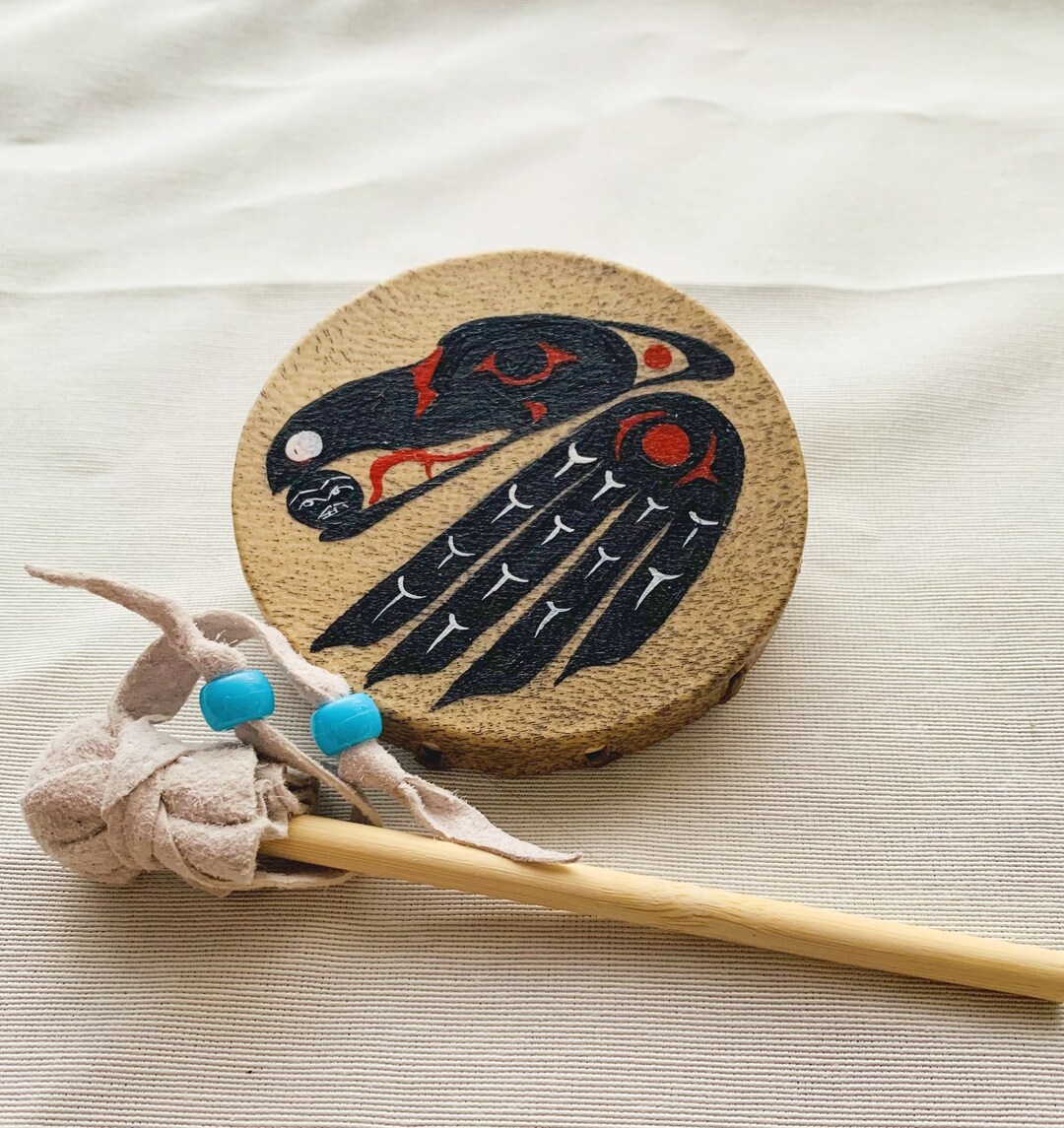 Native Raven Tribal Miniature Drum 3x3 Goat Rawhide Comes With ...