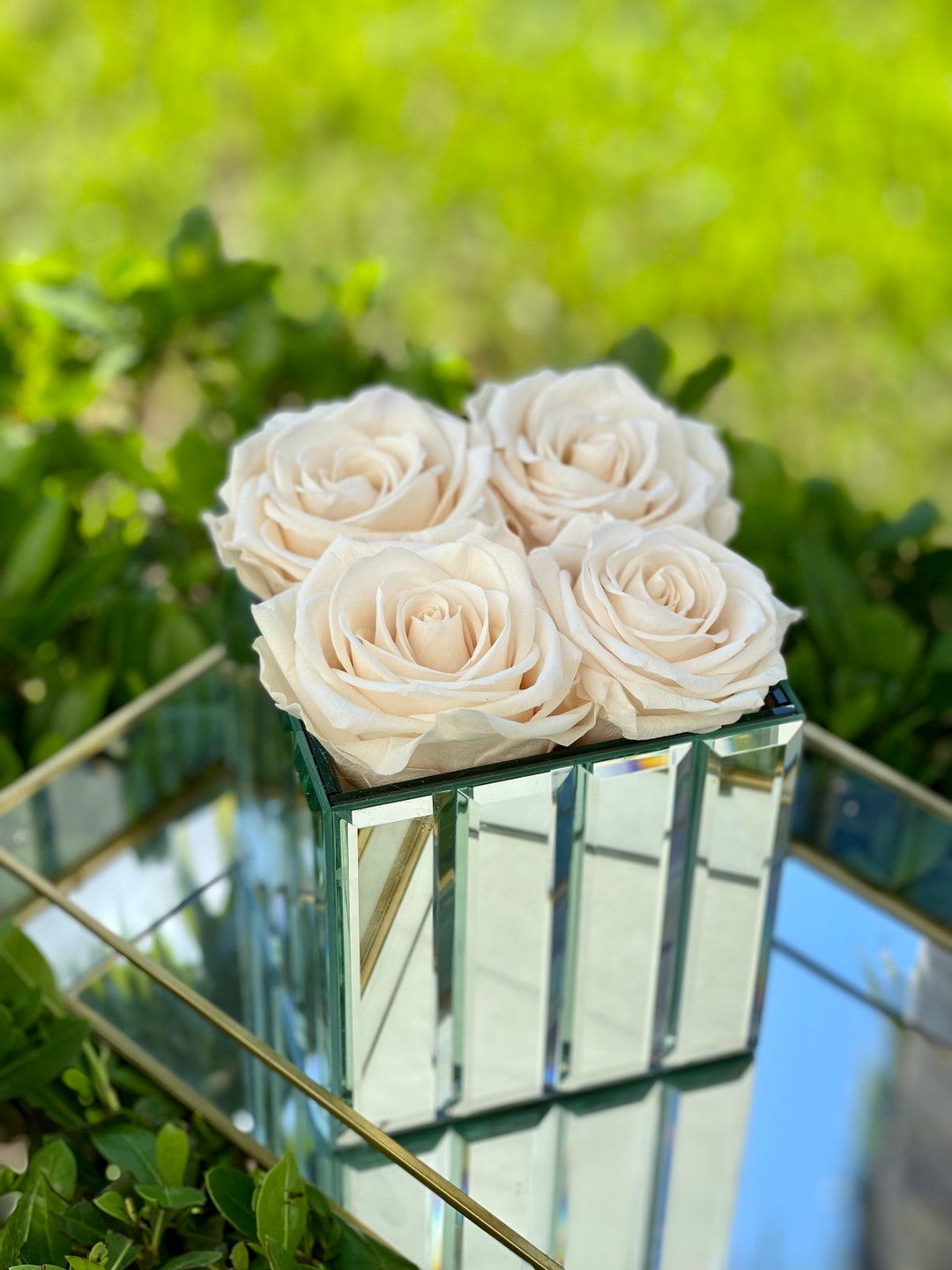 5” Mirror Vase With XXL Preserved Roses, Mirror Vase Centerpiece ...