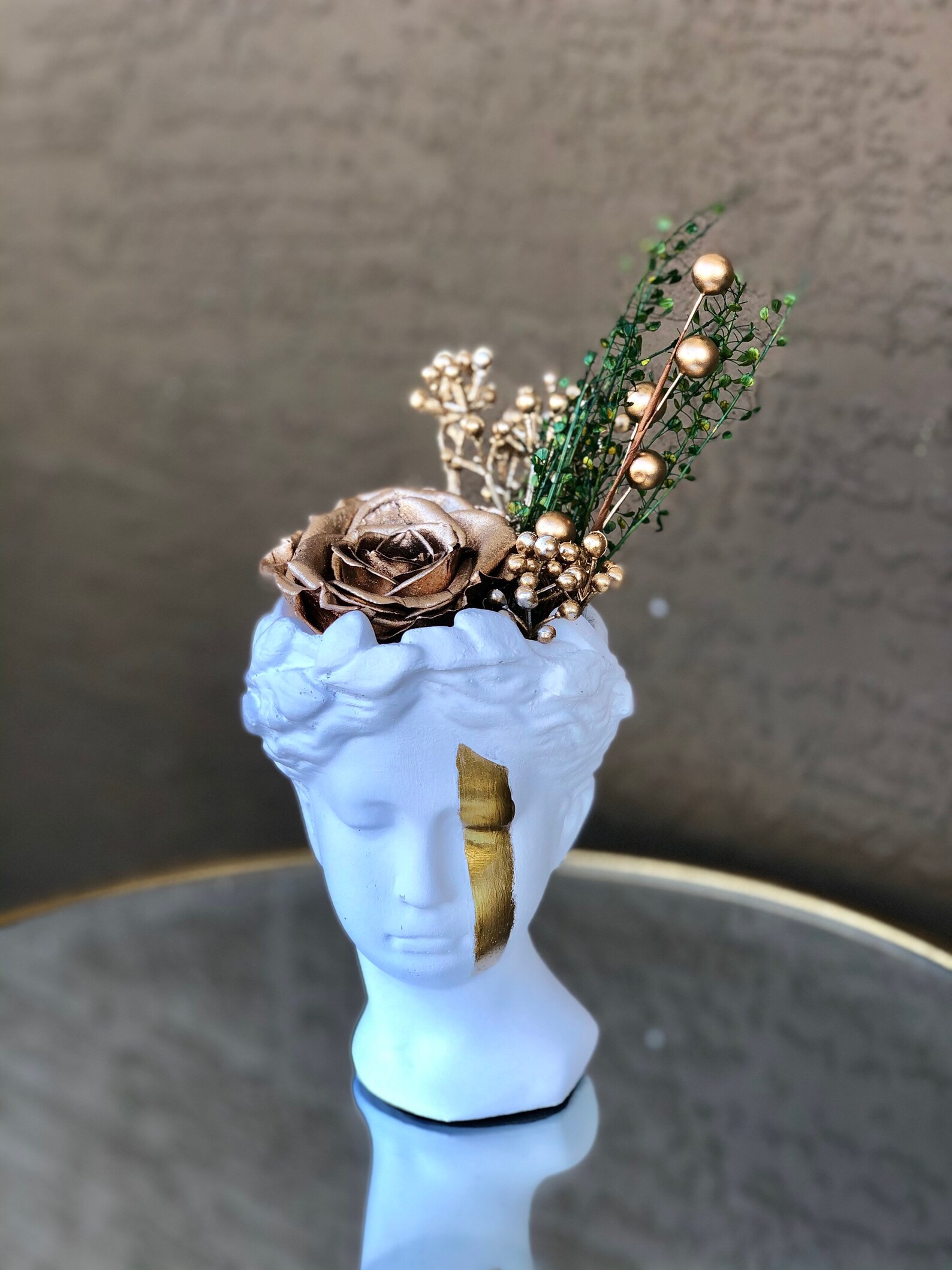Venus Statue Planter With Preserved Rose, Bust Pod, Concrete Head, Gold ...