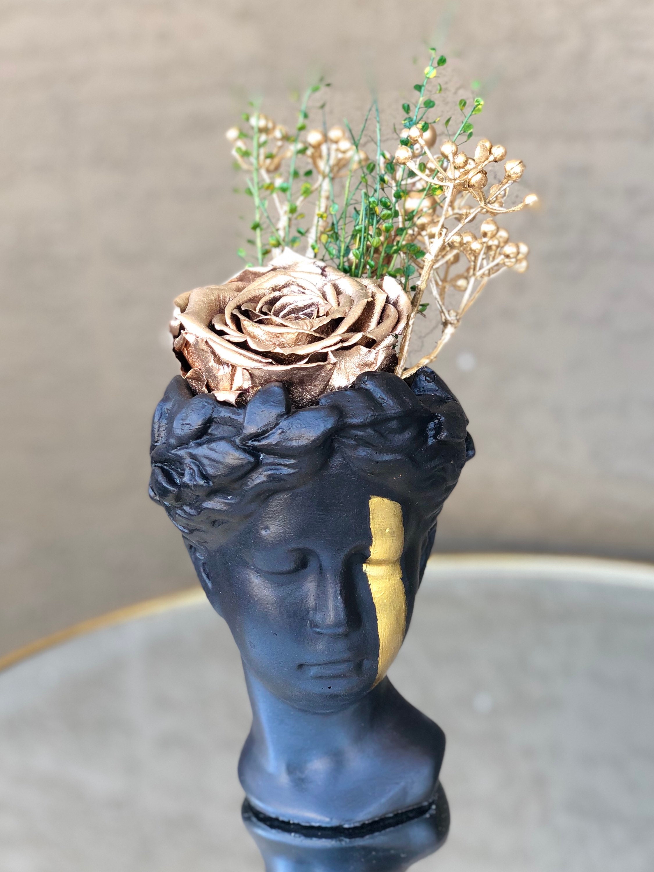Venus Statue Planter With Preserved Rose, Bust Pod, Concrete Head, Gold ...