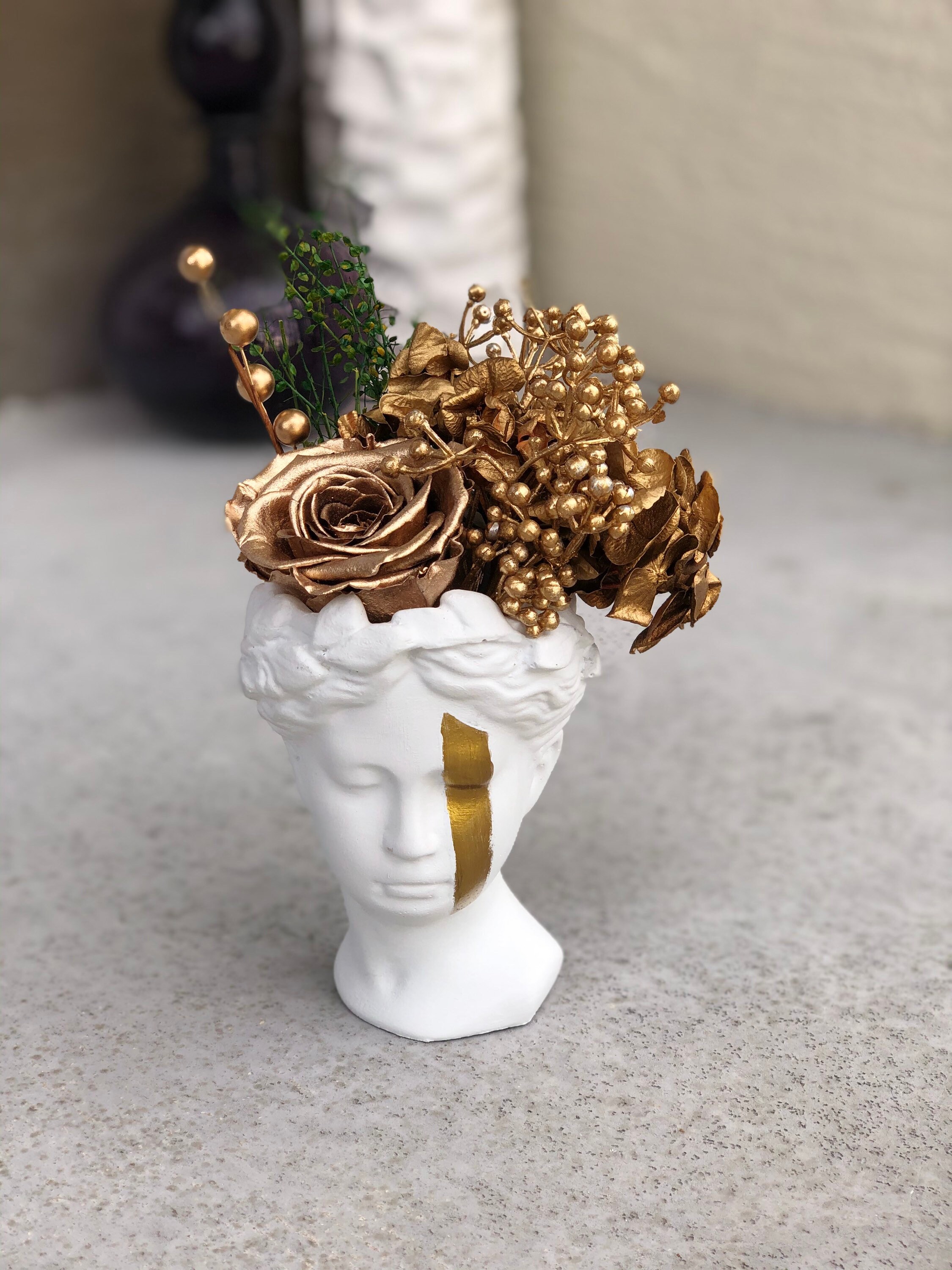 Venus Statue Planter With Preserved Rose, Bust Pod, Concrete Head, Gold ...