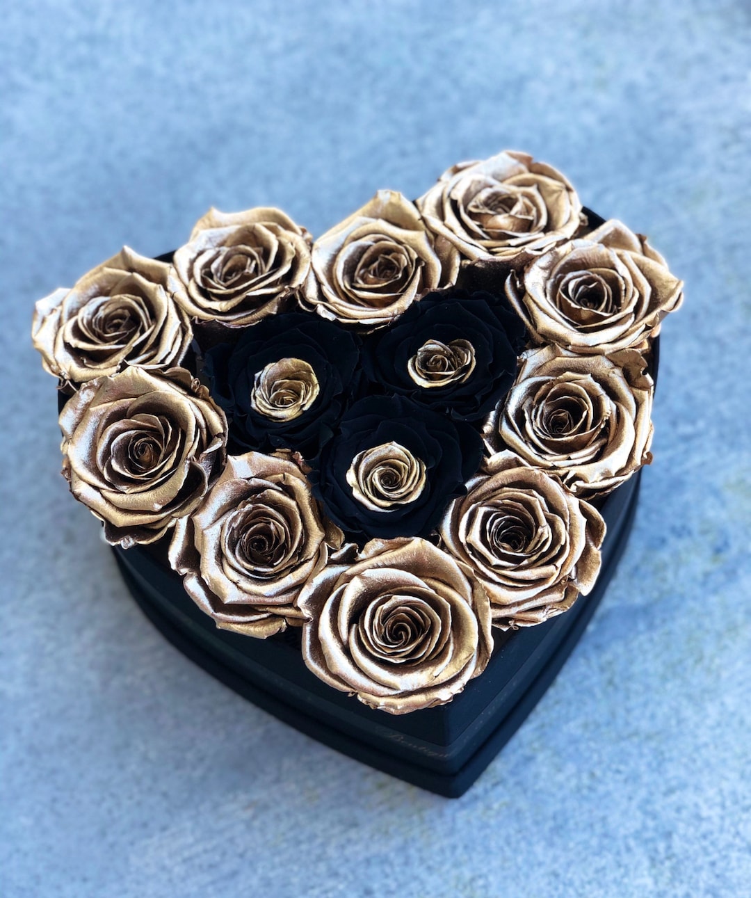 Heart Shaped Box With Gold Roses, Gold and Black Roses, Box of Gold ...