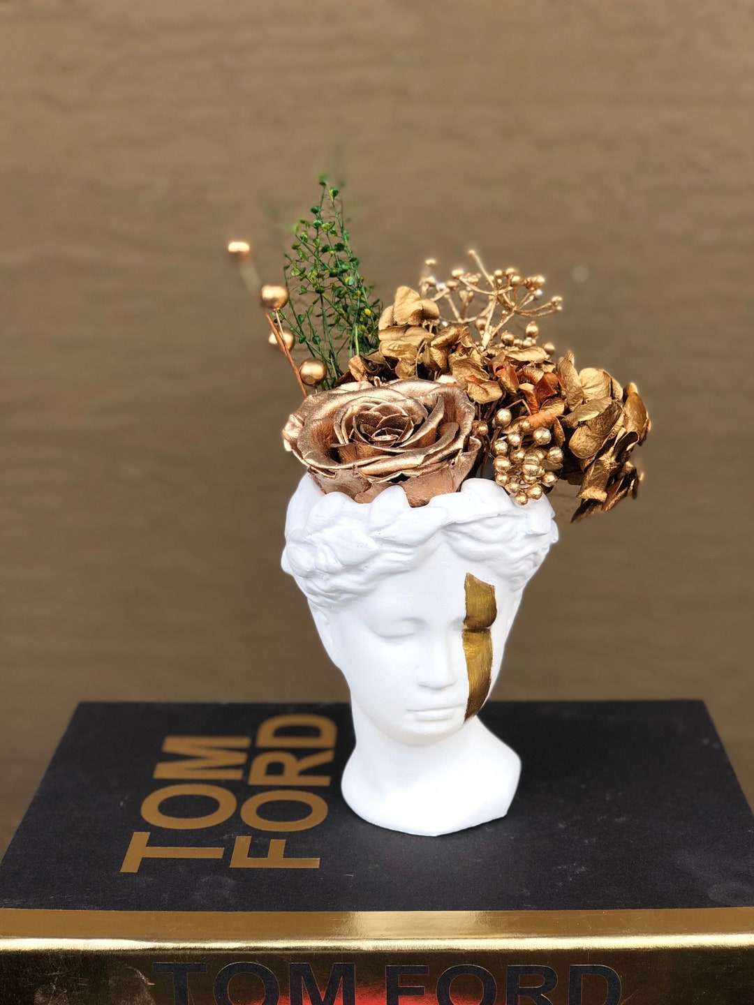 Venus Statue Planter With Preserved Rose, Bust Pod, Concrete Head, Gold ...