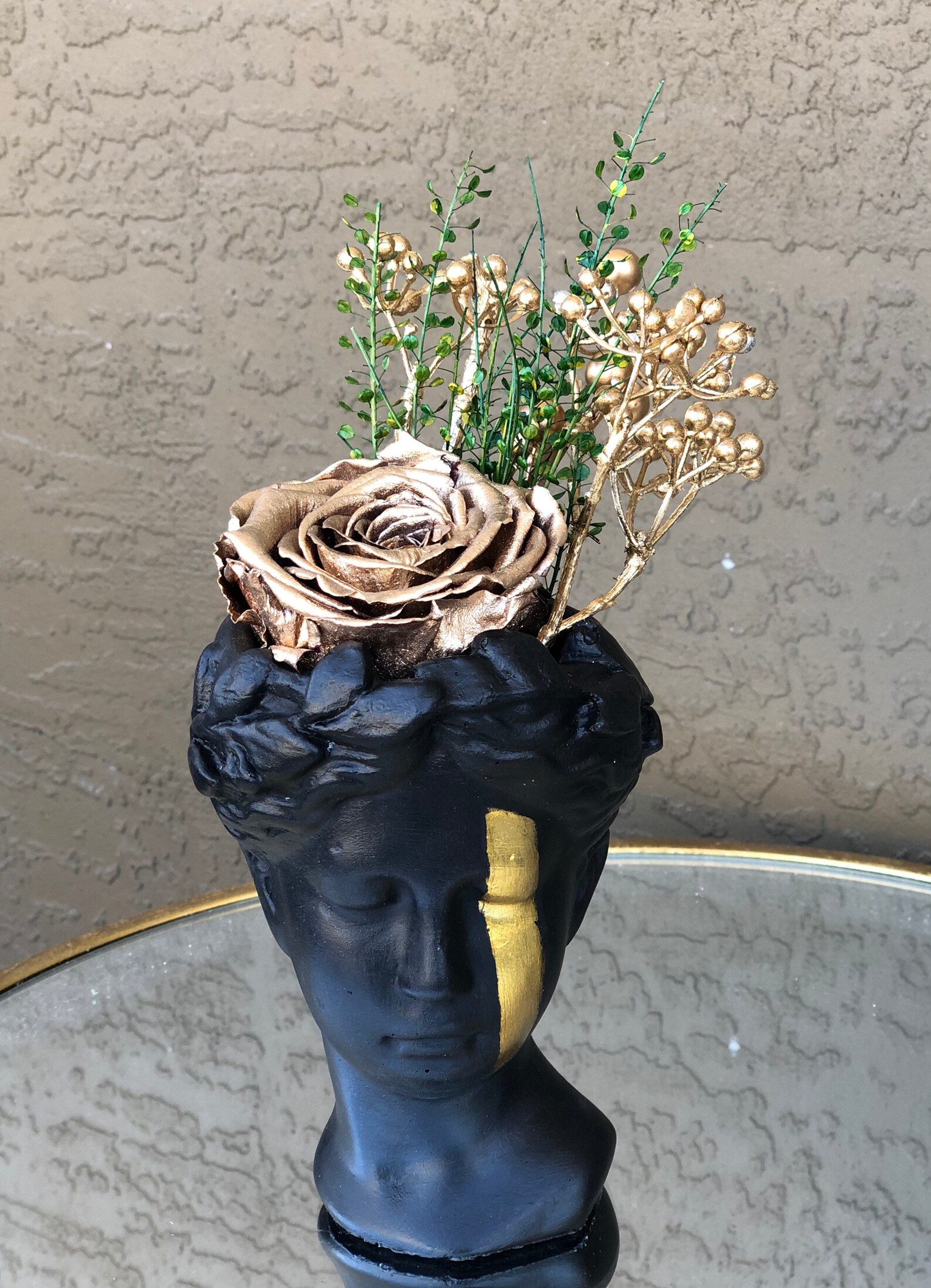 Venus Statue Planter With Preserved Rose, Bust Pod, Concrete Head, Gold ...