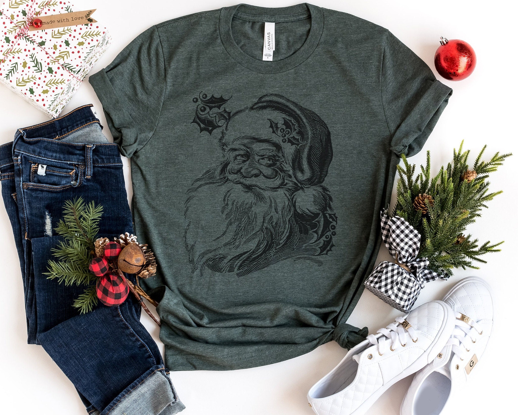 Black Vintage Santa Head Tee Holiday Themed Shirt Bella - Etsy