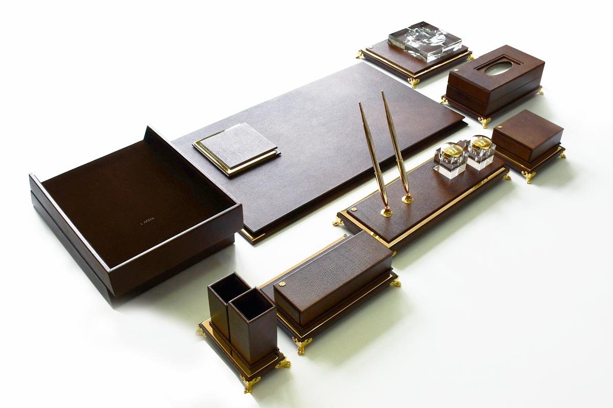 Leather Gold Plated Deskset / Luxury Leather Desk Set/ Genuine Leather ...