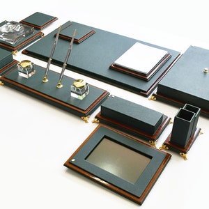 Leather and Wooden Deskset / Luxury Leather Desk Set/ Genuine Leather ...