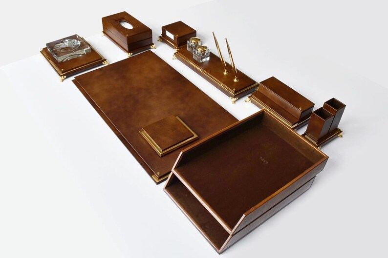 Leather Gold Plated Deskset / Luxury Leather Desk Set/ Genuine Leather ...