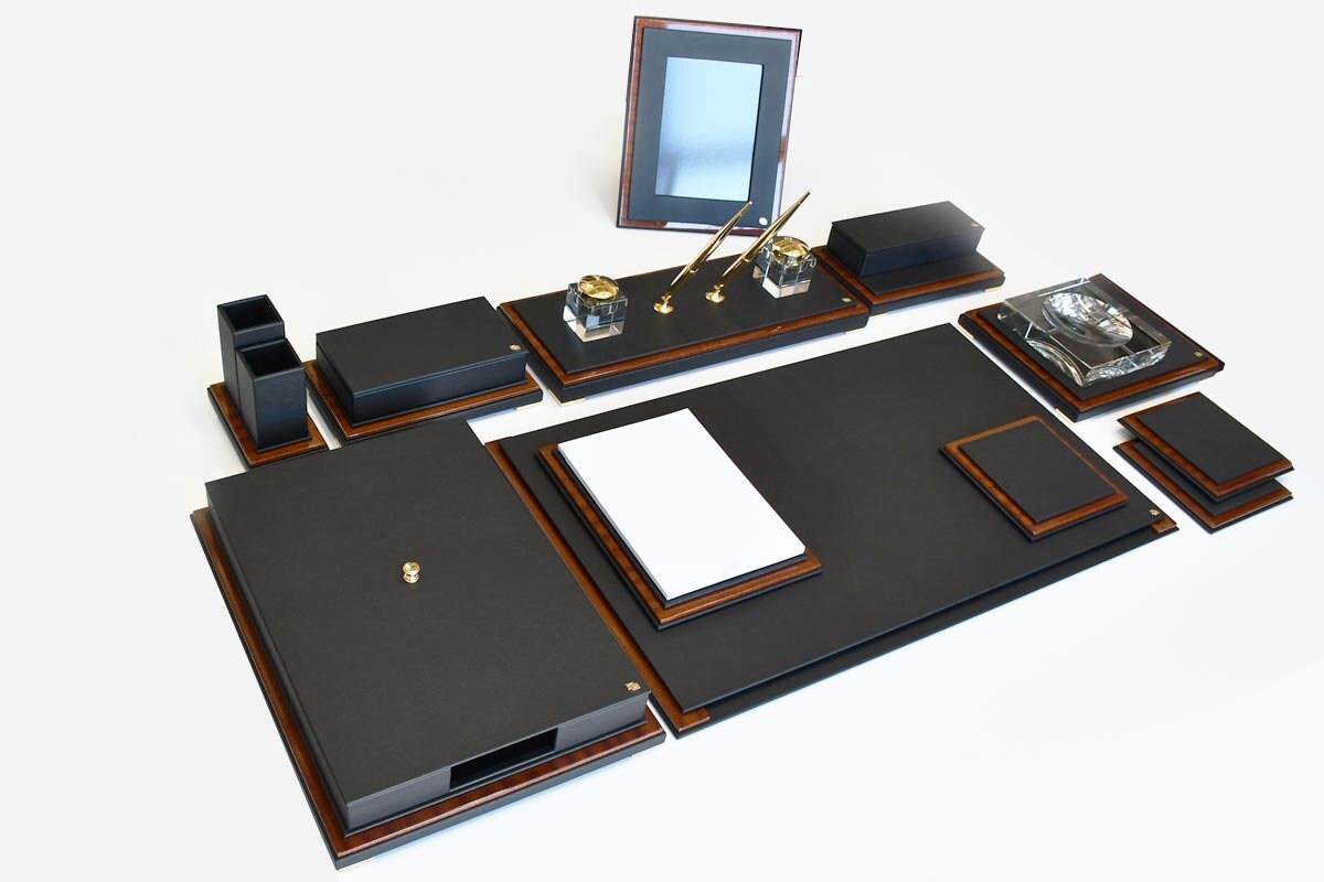 Leather and Wooden Deskset / Luxury Leather Desk Set/ Genuine Leather ...