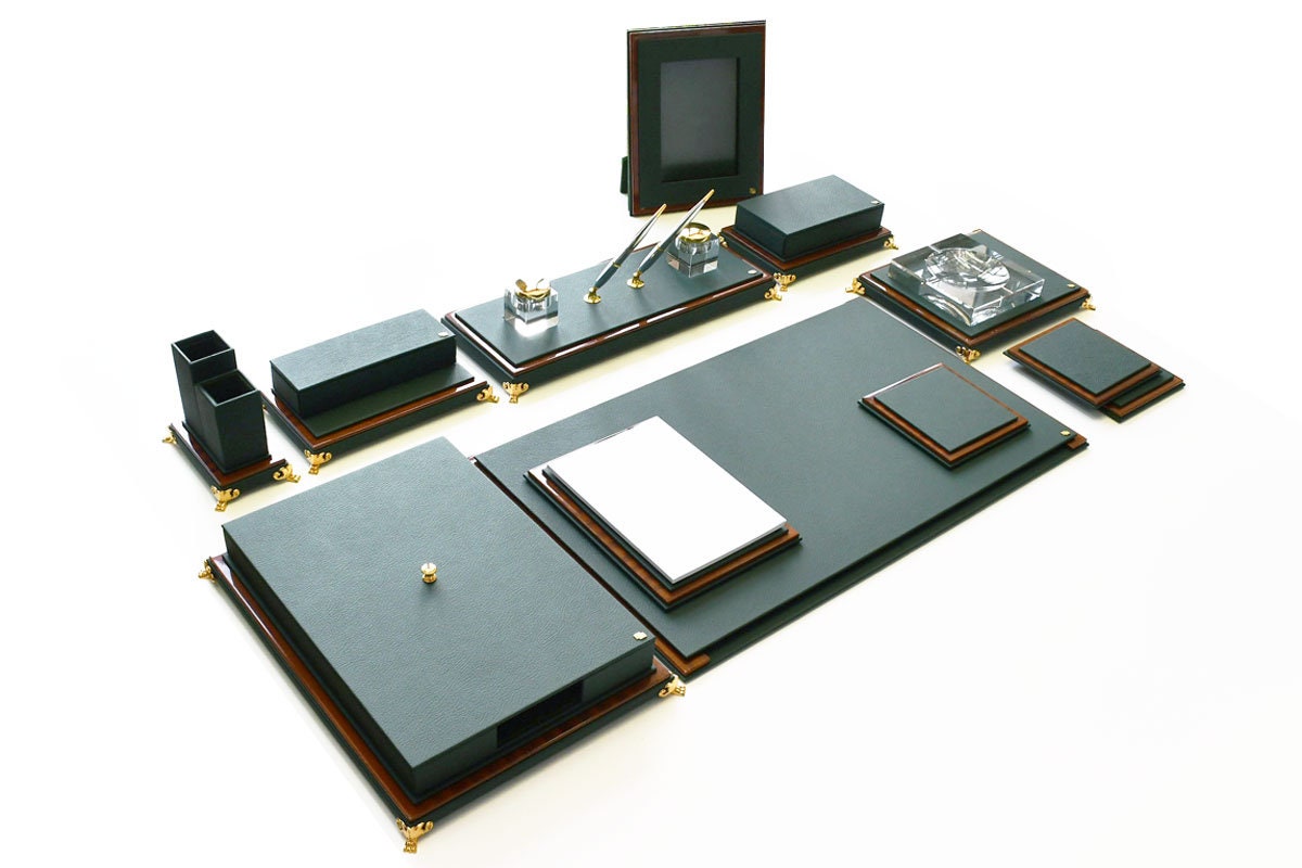 Leather and Wooden Deskset / Luxury Leather Desk Set/ Genuine Leather ...