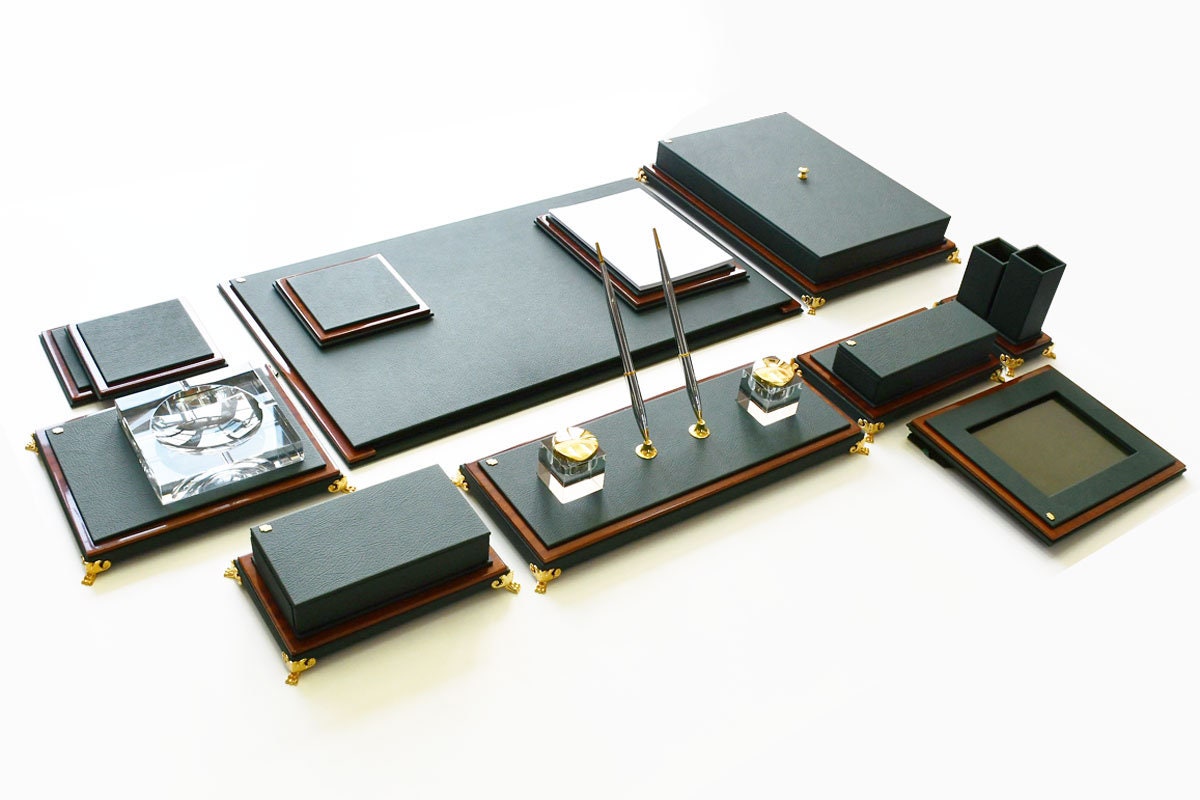 Leather and Wooden Deskset / Luxury Leather Desk Set/ Genuine Leather ...