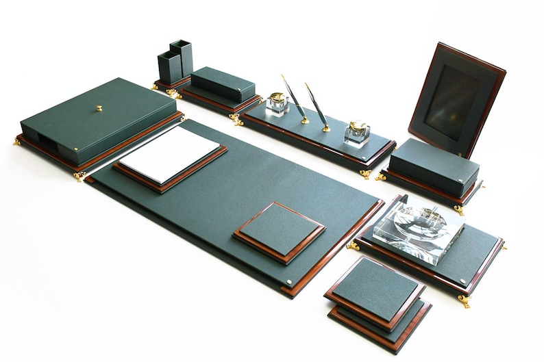 Leather and Wooden Deskset / Luxury Leather Desk Set/ Genuine Leather ...