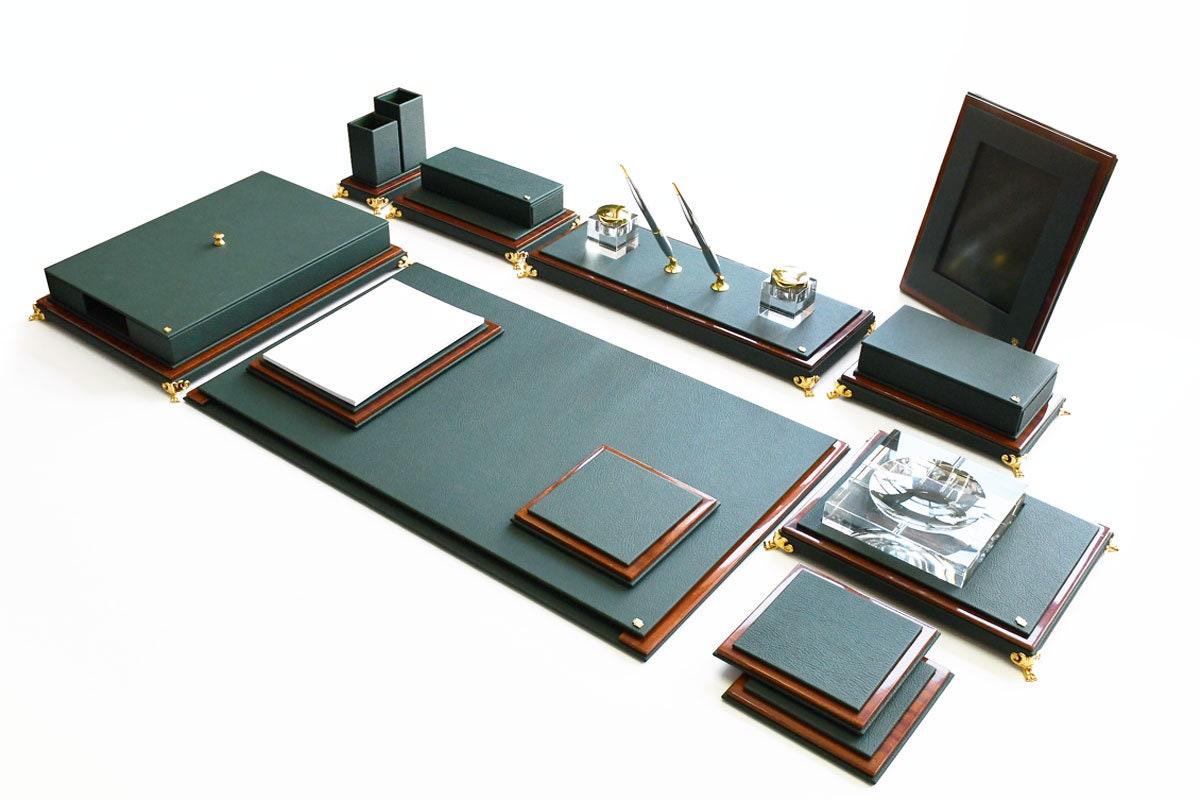 Leather and Wooden Deskset / Luxury Leather Desk Set/ Genuine Leather ...