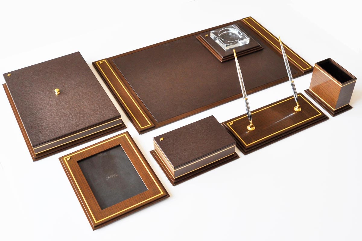 Leather and Wooden Deskset / Luxury Leather Desk Set/ Genuine Leather ...