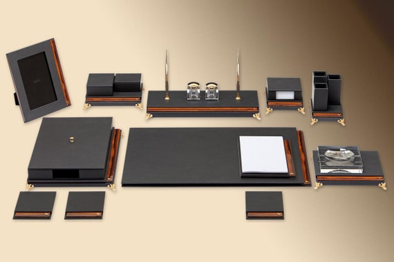 Leather and Wooden Deskset / Luxury Leather Desk Set/ Genuine - Etsy