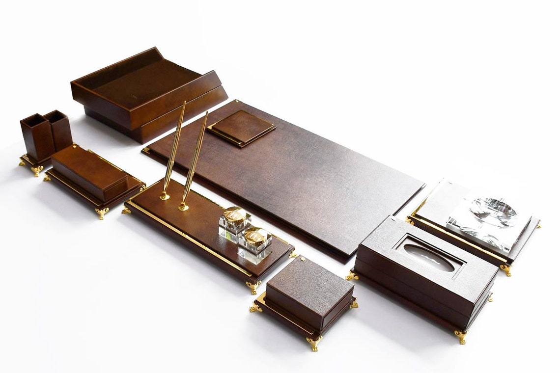 Leather Gold Plated Deskset / Luxury Leather Desk Set/ Genuine Leather ...