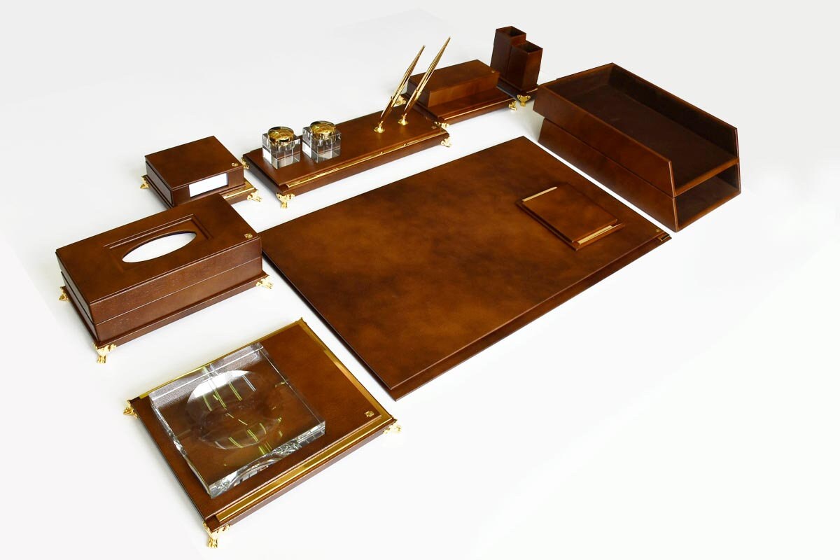 Leather Gold Plated Deskset / Luxury Leather Desk Set/ Genuine Leather ...