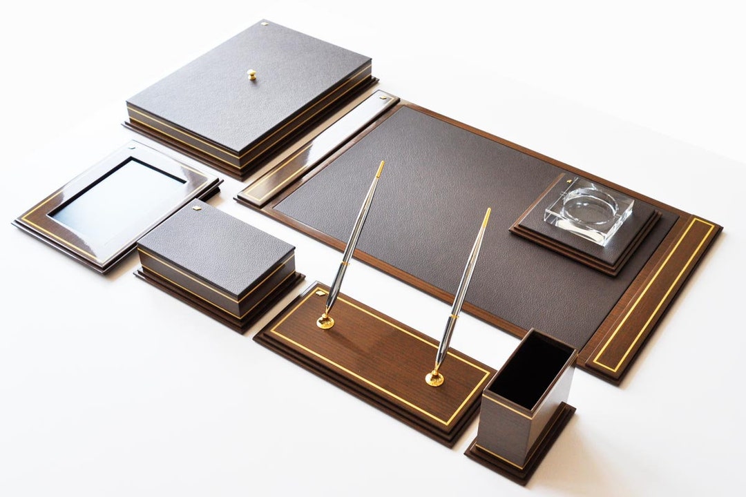 Leather and Wooden Deskset / Luxury Leather Desk Set/ Genuine Leather ...