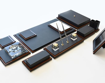 Leather Gold Plated Deskset / Luxury Leather Desk Set/ Genuine Leather ...