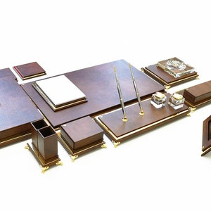 Leather Gold Plated Deskset / Luxury Leather Desk Set/ Genuine Leather ...
