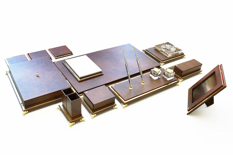 Leather Gold Plated Deskset / Luxury Leather Desk Set/ Genuine Leather ...