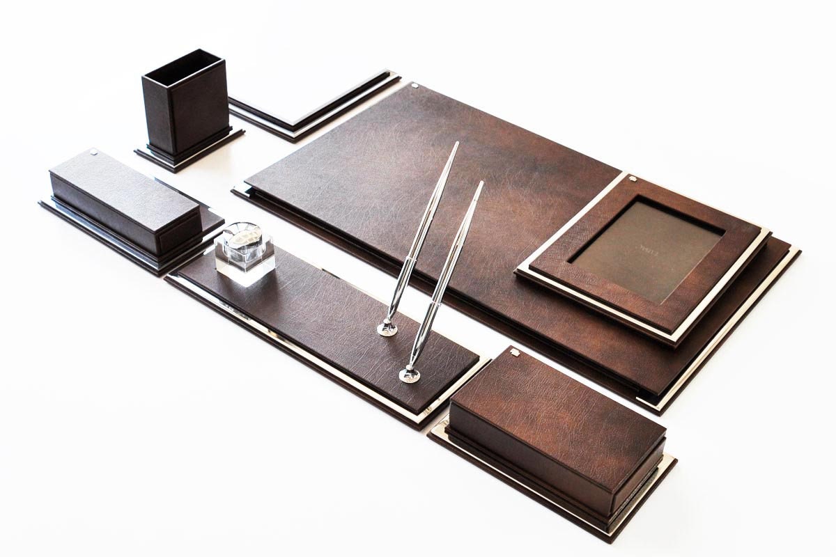 Leather Gold Plated Deskset / Luxury Leather Desk Set/ Genuine Leather ...