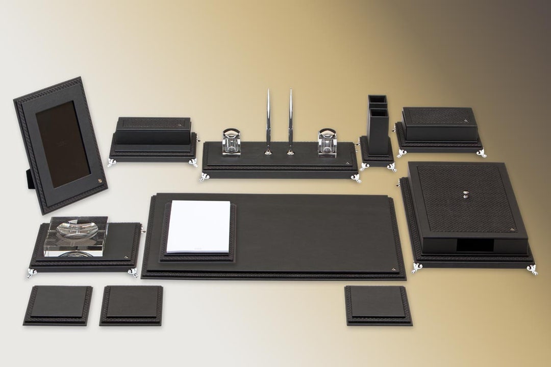Leather and Woven Deskset / Luxury Leather Desk Set/ Genuine Leather ...