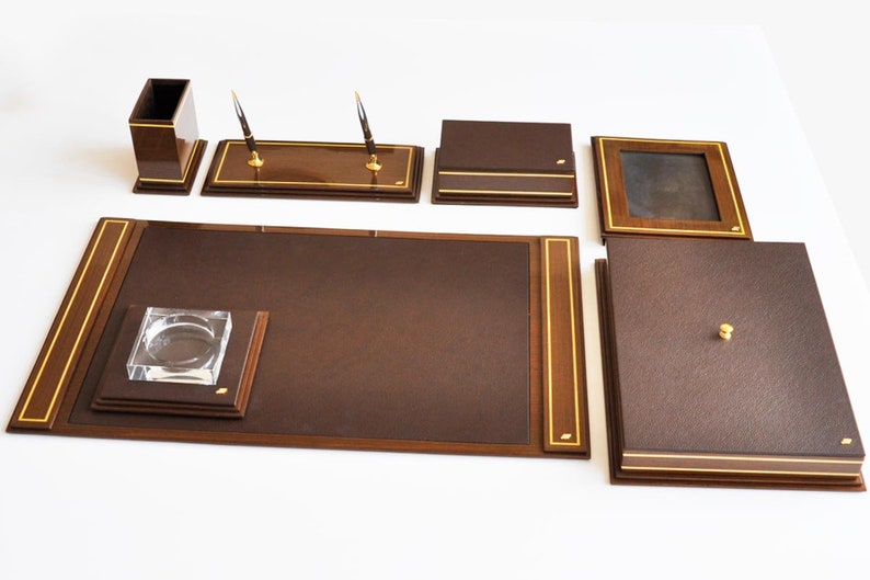 Leather and Wooden Deskset / Luxury Leather Desk Set/ Genuine Leather ...