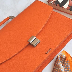 Leather Briefcase Women, ORANGE Leather Briefcase, Lawyers Bag, Classic ...