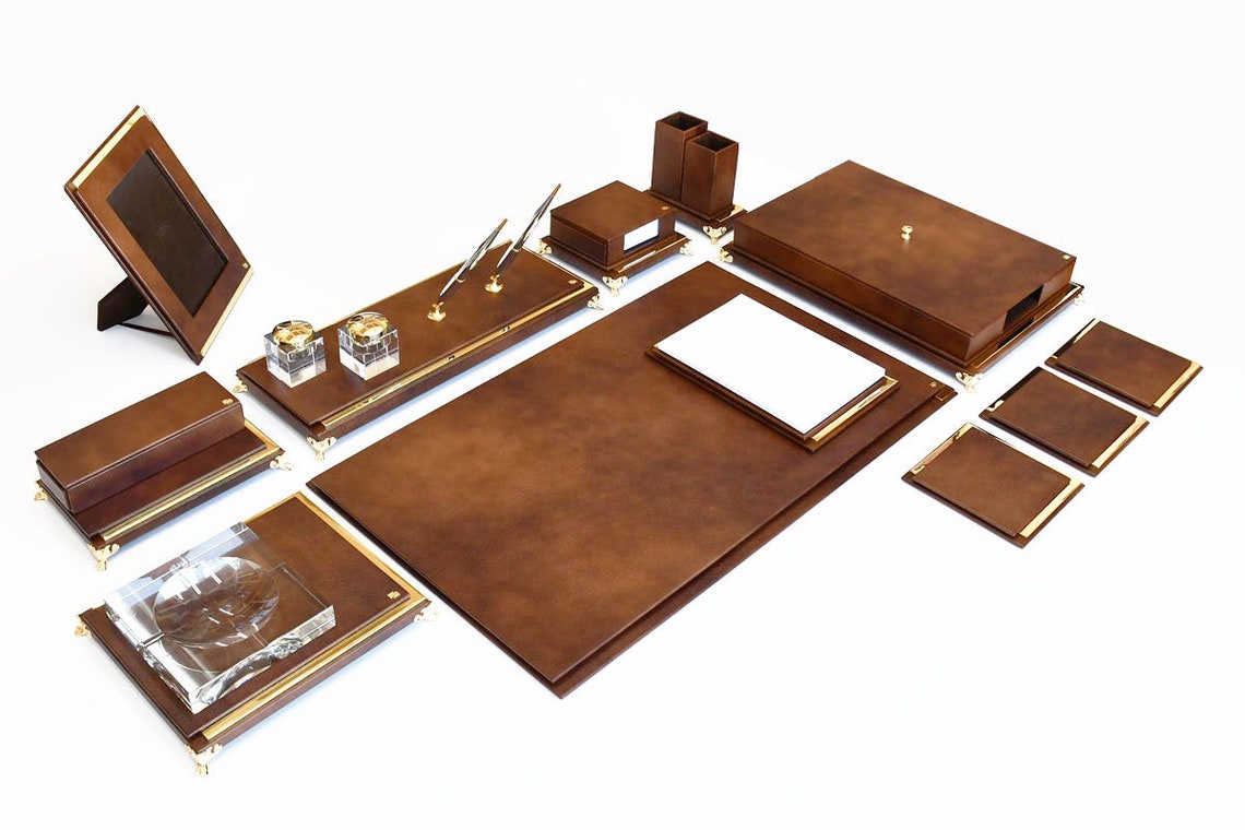 Leather Gold Plated Deskset / Luxury Leather Desk Set/ Genuine Leather ...