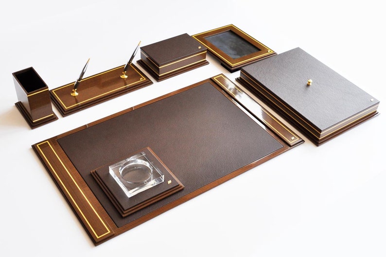 Leather and Wooden Deskset / Luxury Leather Desk Set/ Genuine Leather ...