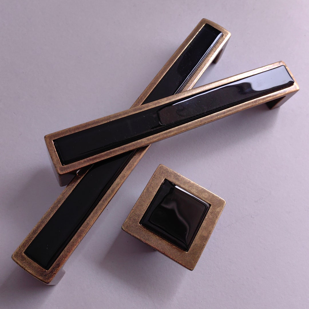 Pop-up Matte Black Glass Pull/knob. Antique Brass Metal Finish. Artistic Black Furniture Glass ...