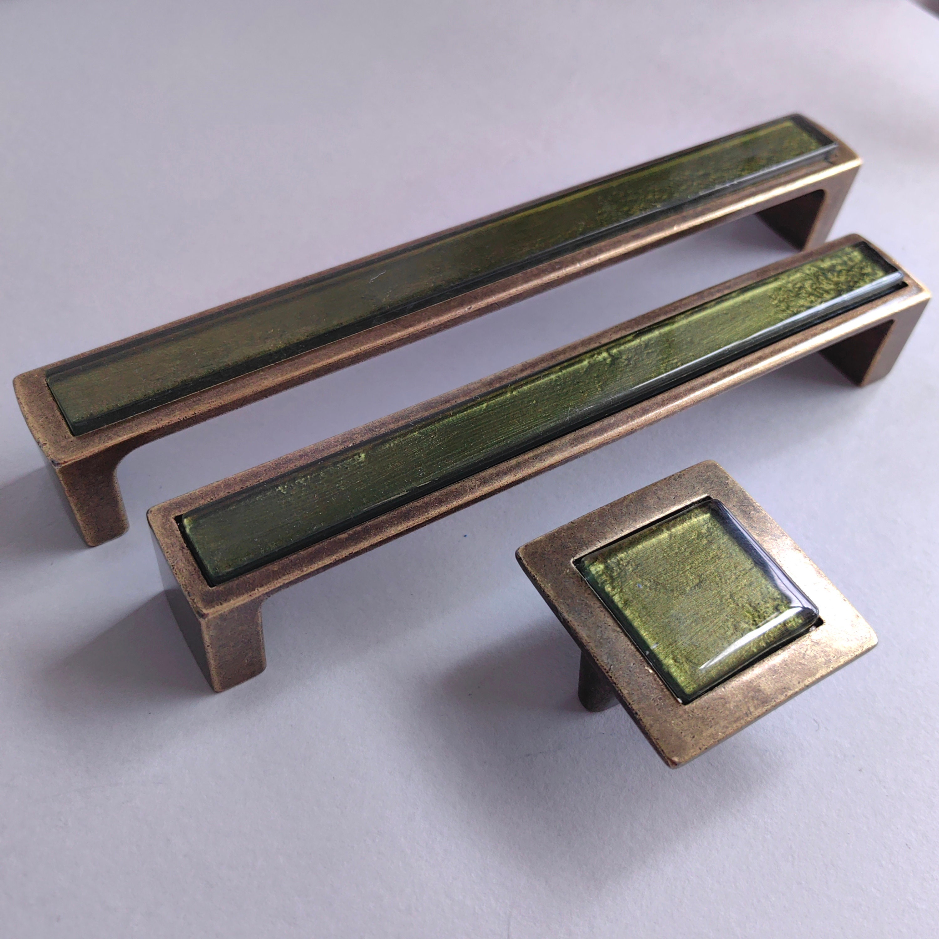 Pop-up Olive Green Glass Pull/knob. Antique Brass Metal Finish ...