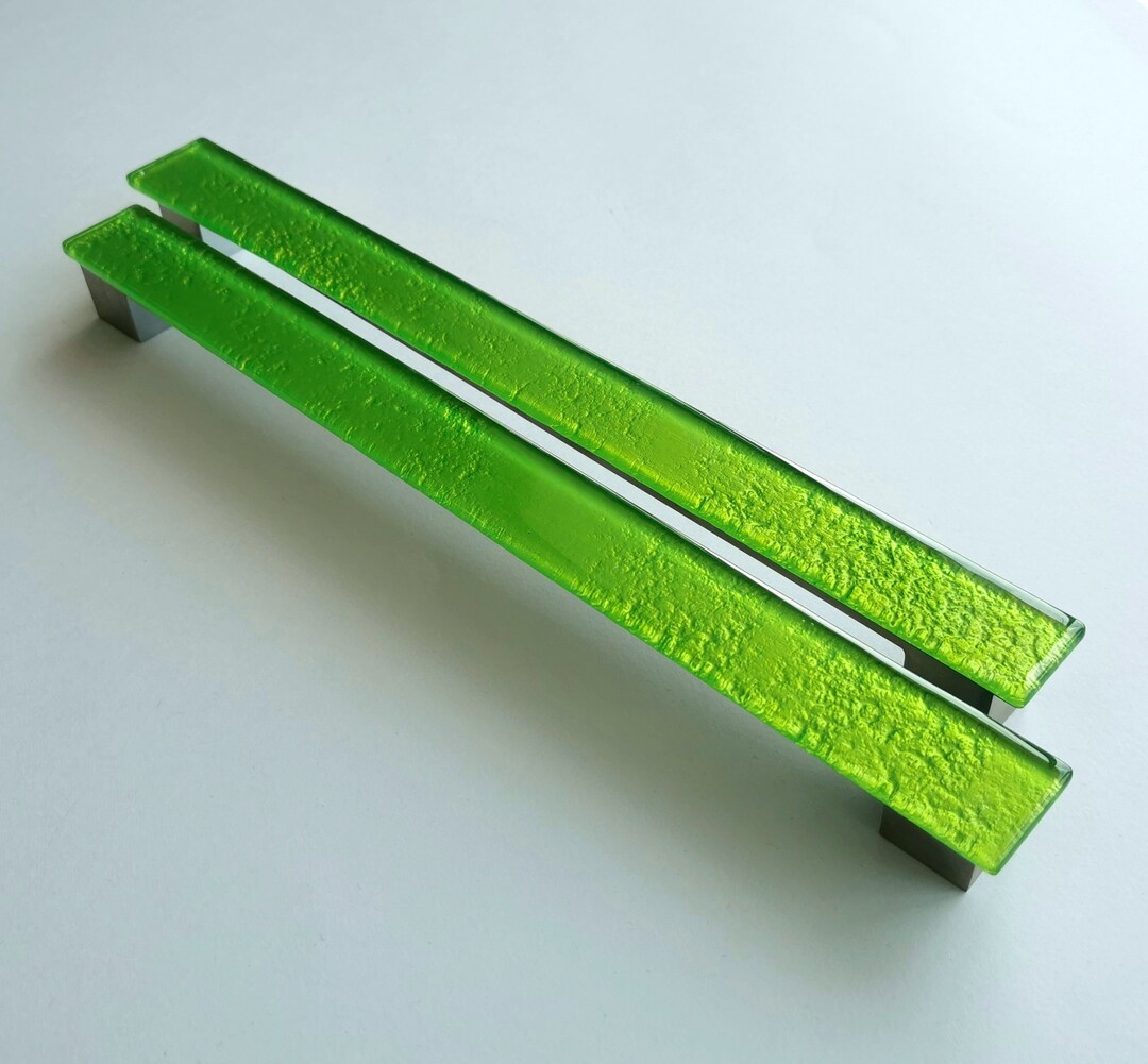A Set of 2 Large Glass Pulls in Modern Apple Green. Long Fresh Green ...
