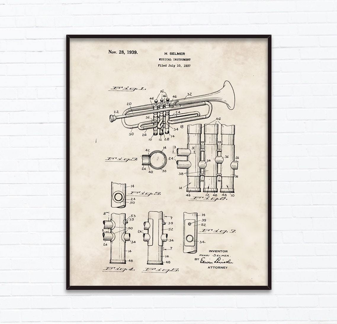 Wall Hangings Prints Horn Musical Instrument Patent Drawings-November ...