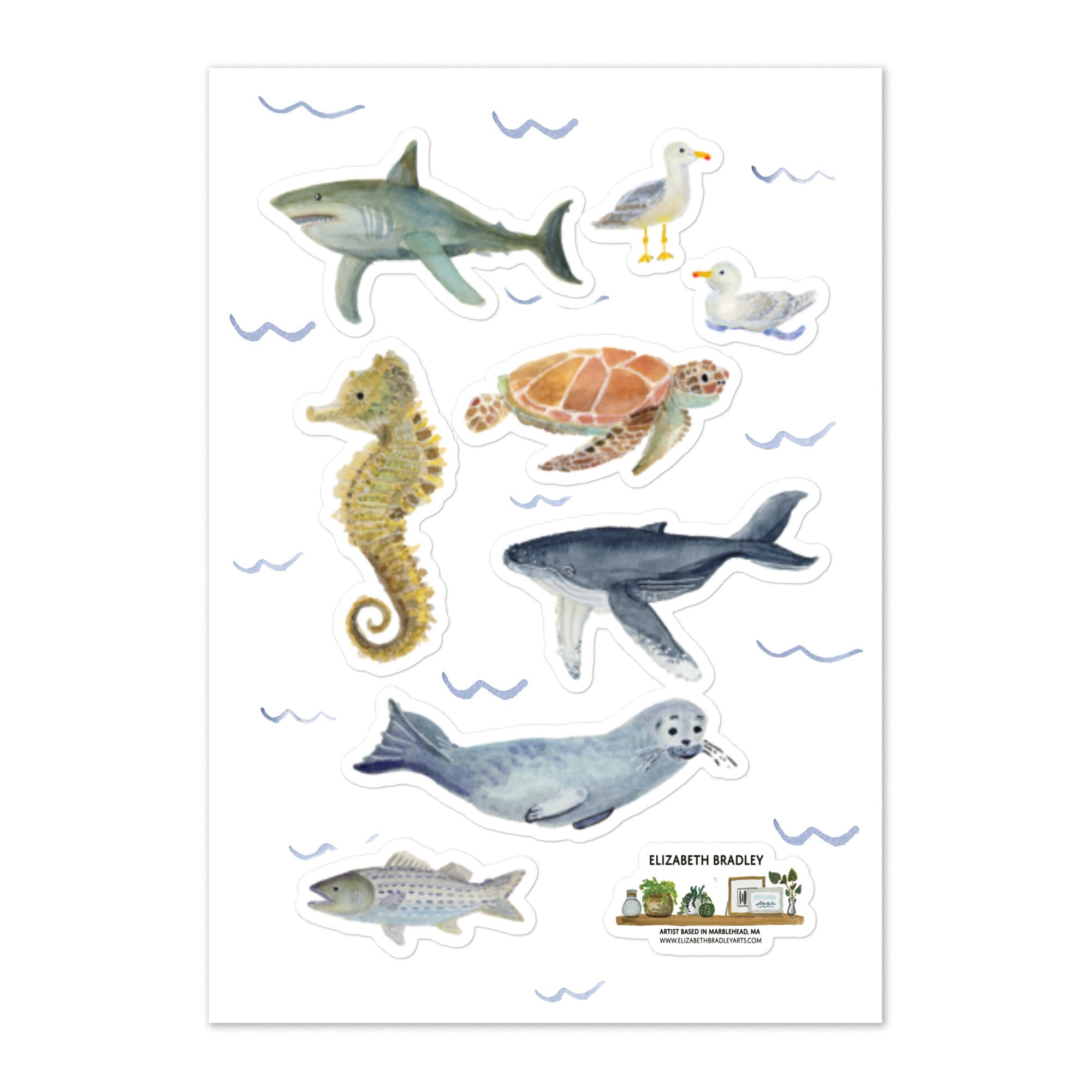 Whimsical Ocean Animals Sticker Sheet, Whale, Seahorse, Fish, Seagull ...