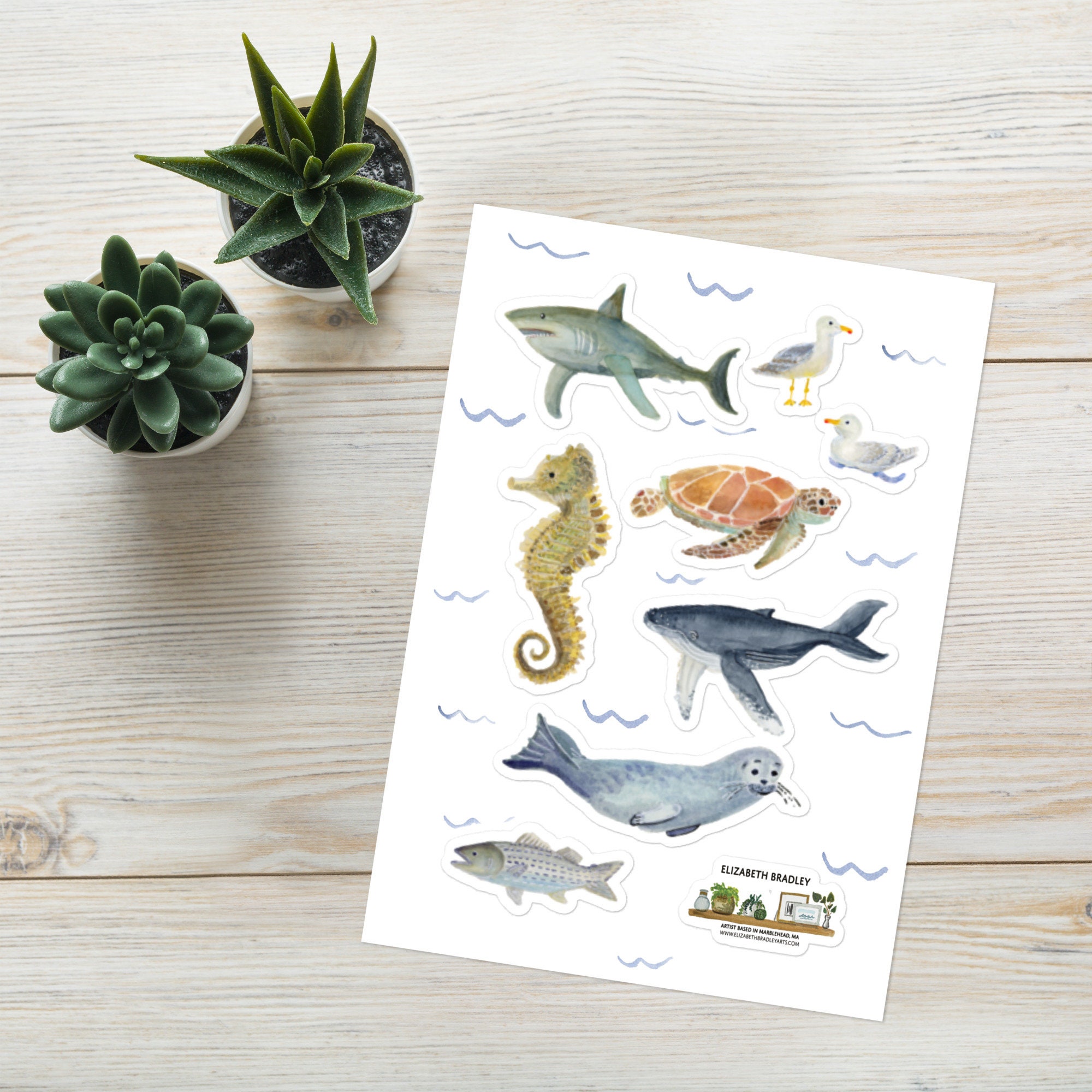 Whimsical Ocean Animals Sticker Sheet, Whale, Seahorse, Fish, Seagull ...