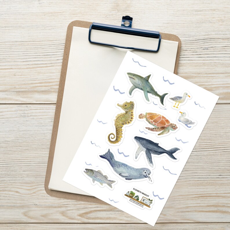 Whimsical Ocean Animals Sticker Sheet, Whale, Seahorse, Fish, Seagull ...