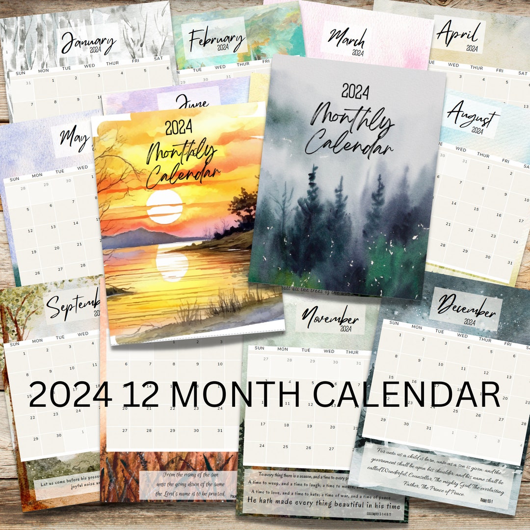 2024 Printable Monthly Calendar Jan-dec '24 Planner Pages Watercolor ...