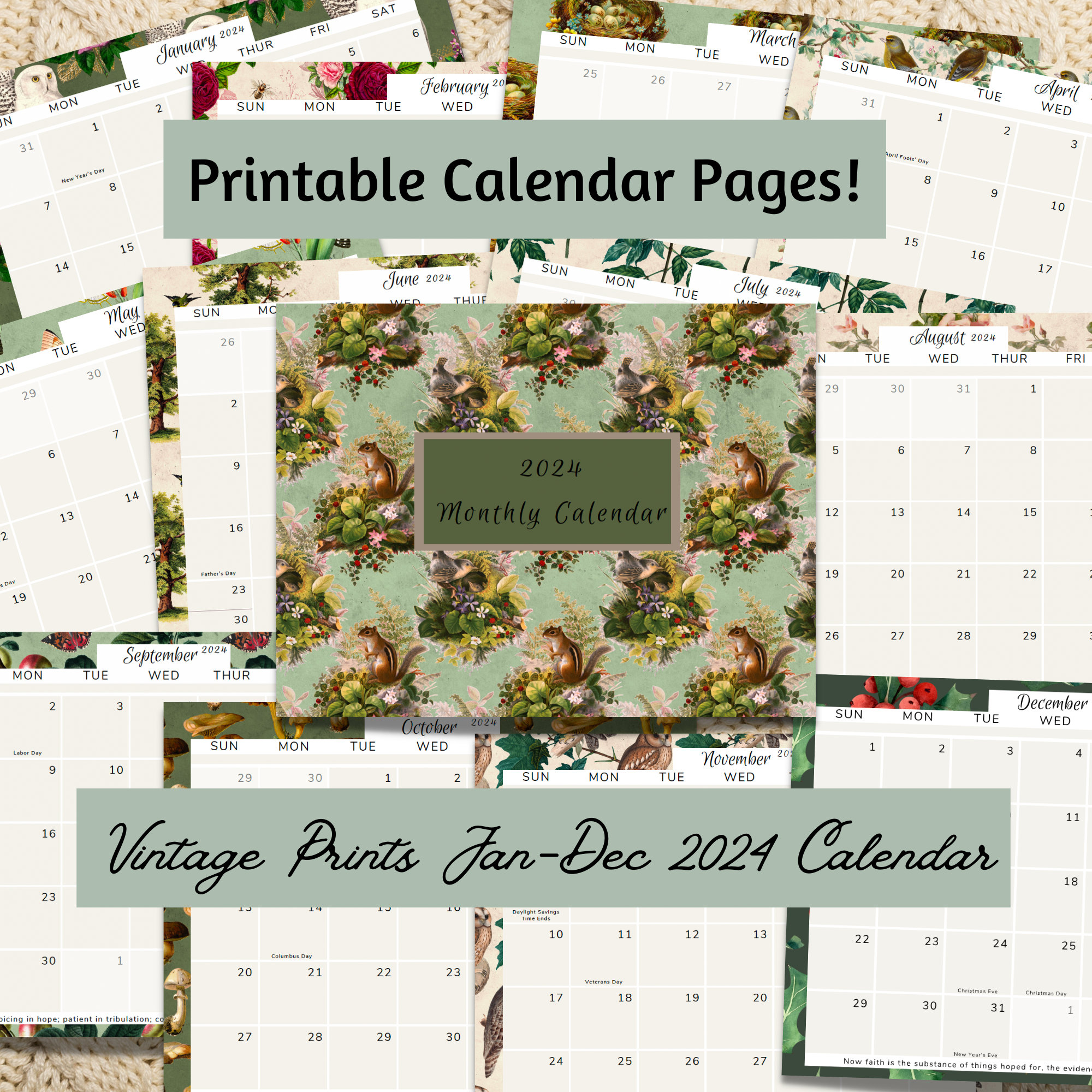 2024 Printable Monthly Calendar | Vintage Look | Holidays Listed | Jan ...