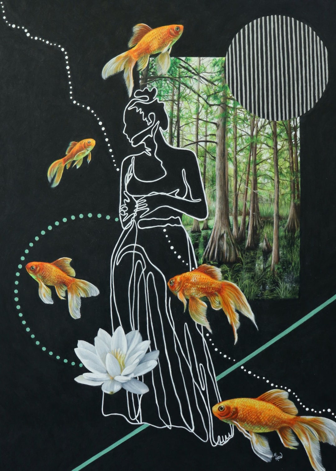 Figure of Woman With Goldfish and Trees Colored Pencil Art Print by ...